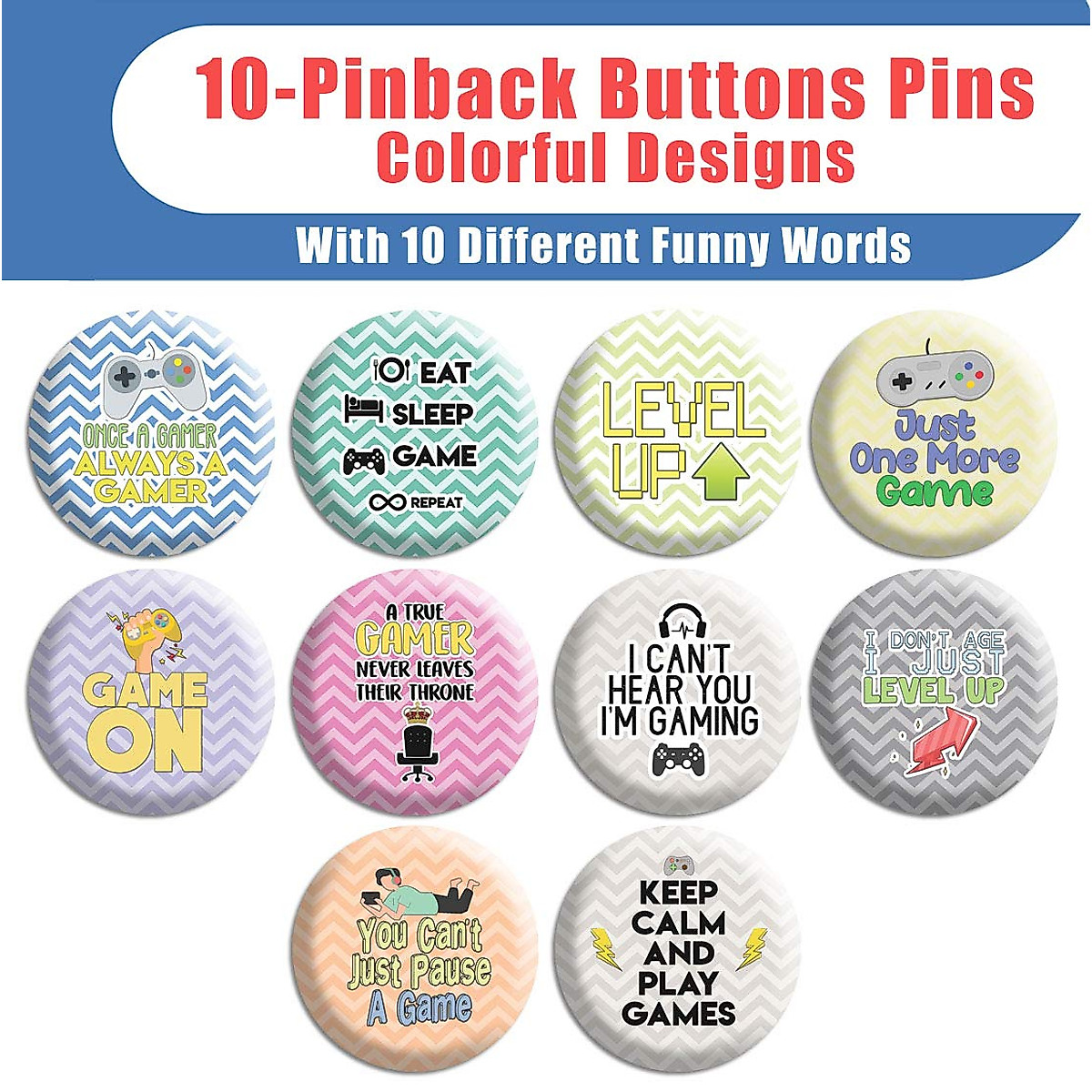 Creanoso Funny Wearable DIY Custom Design Art Button Badges - Gamer (10-Pack) - Stocking Stuffers Premium Quality Gift Ideas for Children, Teens, & Adults - Corporate Giveaways & Party Favors