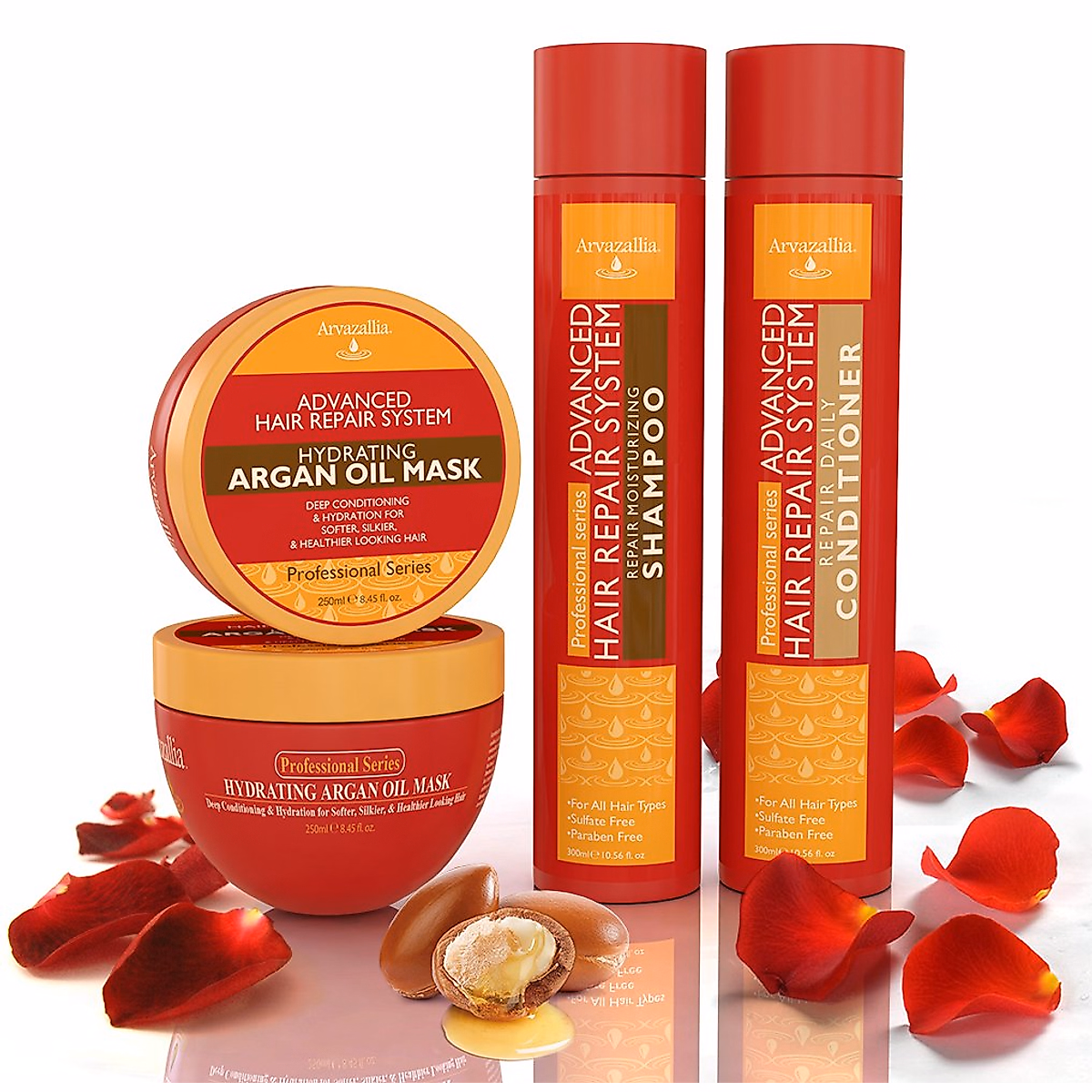 Advanced Hair Repair Shampoo, Conditioner and Deep Conditioner Mask System Set for Dry or Damaged Hair with Argan and Macadamia Oil by Arvazallia - Sulfate Free
