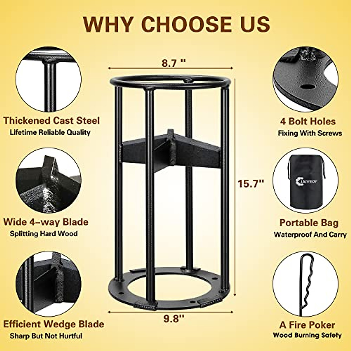 JAIVEOY Kindling Splitter, Wood Splitter 8.7 Inch Diameter Log Splitter with Poker & Cover, Manual Firewood Splitter for Outdoor Camping, for Men