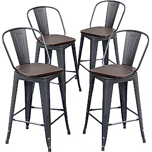 Aklaus Swivel Metal Bar Stools Set of 4 Counter Height Stools Counter Bar Stools with Back Swivel Metal Bar Chairs Wooded Seat 26 Inch Matte Black barstools