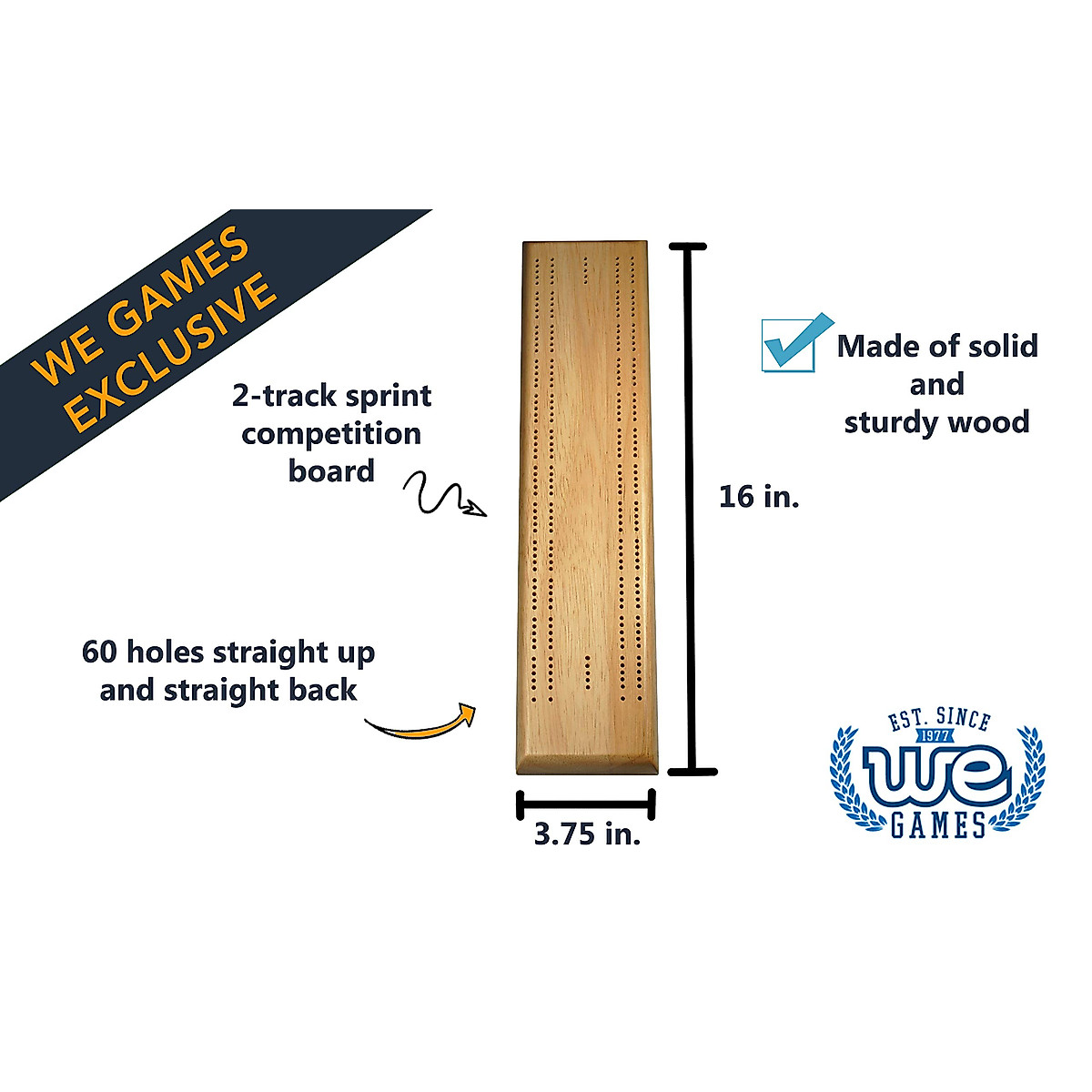 WE Games Competition Cribbage Set - Solid Wood Sprint 2 Track Board with Metal Pegs