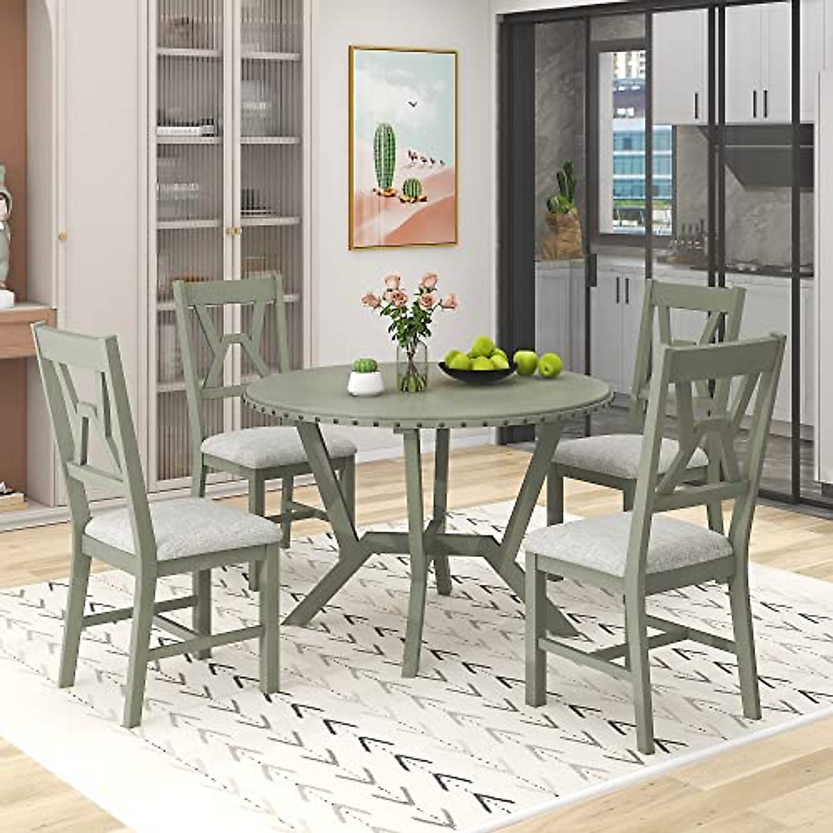 Voohek Kitchen Dining Set, 5-Piece Round Wood Table and Chair, Classic Family Furniture for Dinette, Compact Space, Green