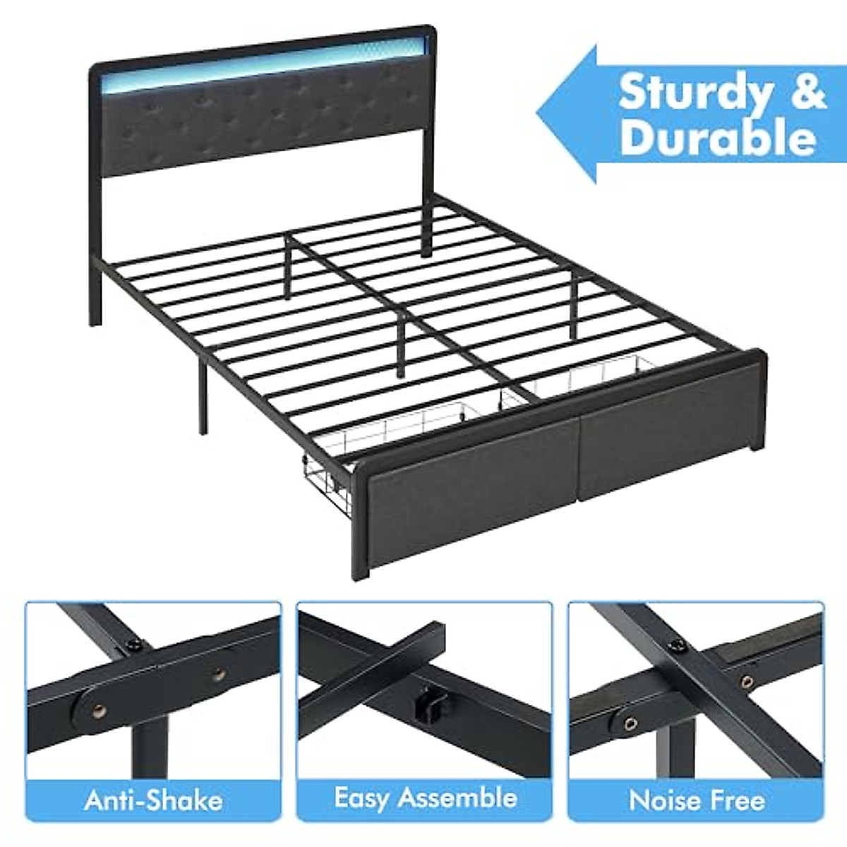 Full Size Bed Frame with 2 Storage Drawers, Button Tufted Headboard and LED Lights, Upholstered Platform Bed with Storage, Heavy Duty Metal Slats, No Box Spring Needed, Noise Free, Easy Assembly
