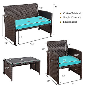 DORTALA 4 Pieces Wicker Patio Furniture Set, Outdoor PE Rattan Conversation Set with Chairs, Loveseat, Coffee Table, Cushions for Poolside, Turquoise