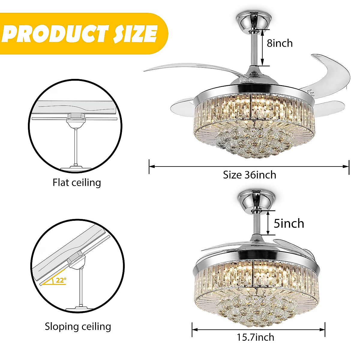 Panghuhu88 36" Invisible Ceiling Fan Chandelier Light,Modern Crystal Ceiling Fan Light Remote Control 4 Retractable ABS Blades for Bedroom Living Room Dining Room Decoration (Silver)