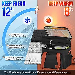 BECOJADDE Lunch Bag for Men and Women, Expandable Insulated Lunch Box Soft Cooler with Shoulder Strap for Work Travel Picnic (15L, Black+Brown)