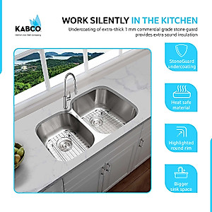 KABCO 32 Inch Double Unequal Bowl Classic Kitchen Sink with Sink Strainers, Sink Grids, Rolling Up Grid and a Removable Garbage Basket 16 Gauge Undermount Rust, Sound and Heatproof