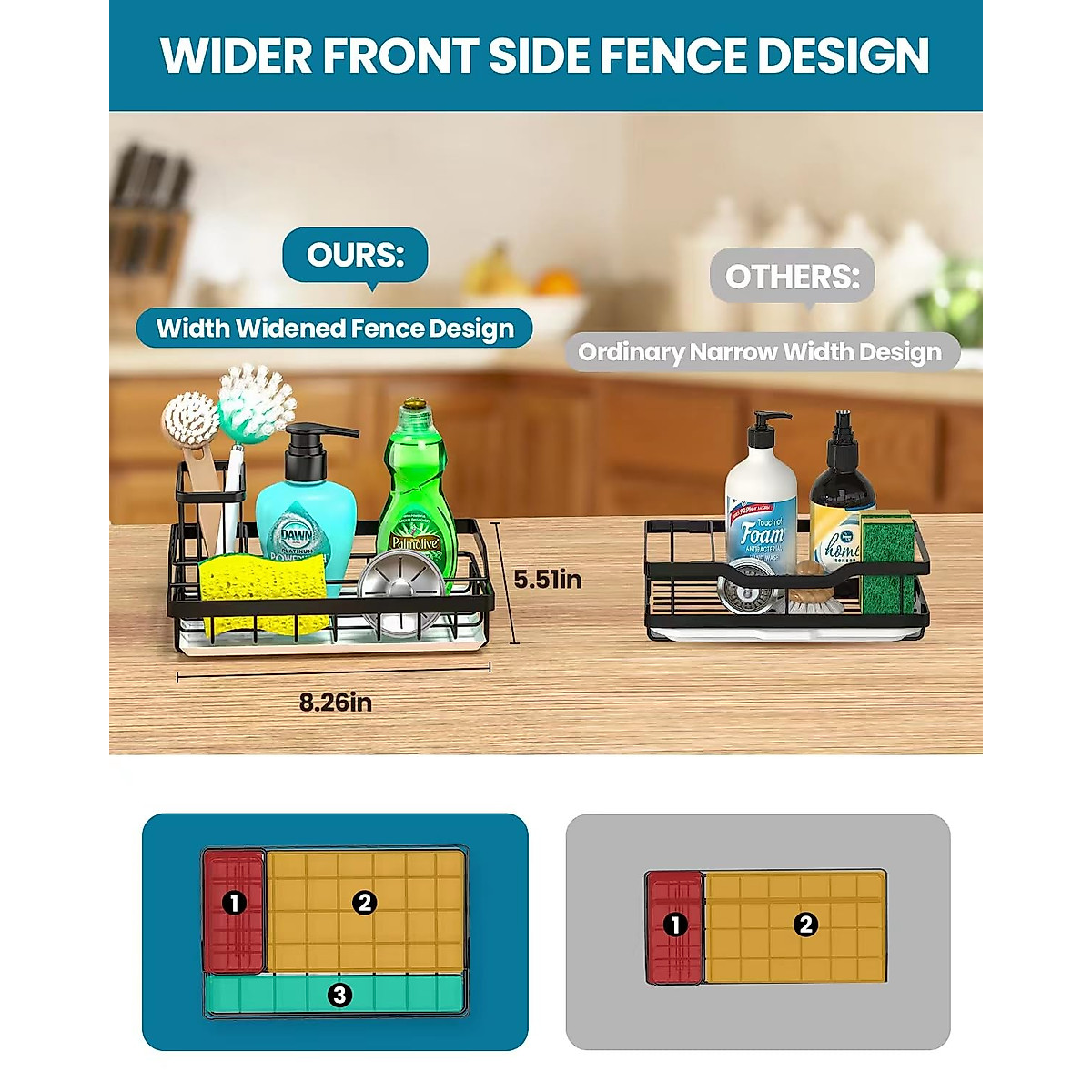 OHOBABY Sponge Holder for Kitchen Sink, Sink Caddy with Removable Drip Tray, Rustproof Stainless Steel Kitchen Sink Organizer with Dish Brush Holder for Countertop, Black (8.26'' X 5.51'' X 4.33'')