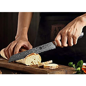 XINZUO 8 Inch Bread Knife High Carbon 67 Layer Japanese VG10 Damascus Super Steel Kitchen Knife Professional Chef's Knife with Pakkawood Handle - Ya Series