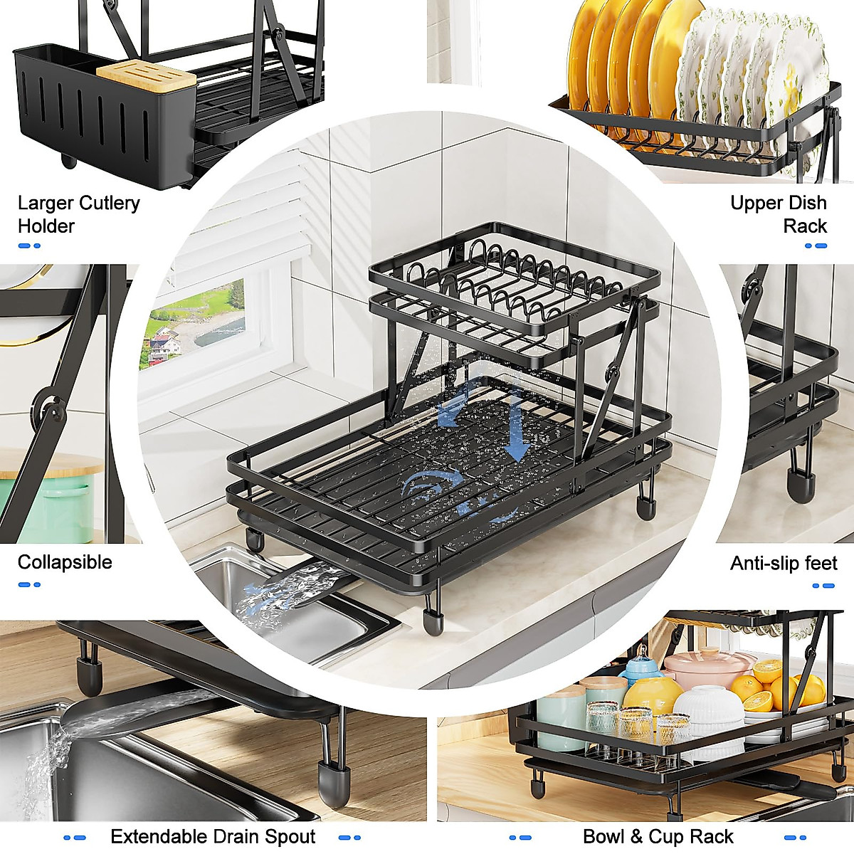 YKLSLH Dish Drying Rack, Collapsible Dish Racks for Kitchen Counter, 2 Tier Sturdy Dish Drainer with Utensil Holder-Kitchen Drying Rack