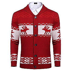 COOFANDY Mens Ugly Christmas Xmas Reindeer Snowflake Button Front Long Sleeve Shawl Collar Cardigan (Red M)