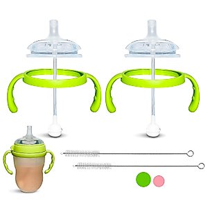 Straw Cup Conversion Kit for Comotomo Baby Bottles | 2-Count | with Soft Silicone Straw Top Nipples, Weighted Any Angle Straw Ball, Bottle Handles and Straw Cleaning Brush (Straw Top, Green)
