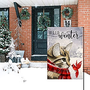 Winter Cat Garden Flag 12x18 Vertical Double Sided Cardinal Bird Snow Christmas Holiday Outside Decorations Burlap Yard Flag BW230