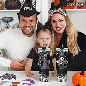 GEPOSTORE Christmas Gifts for Movie Lovers, Black Jack Skeleton 40 oz Tumbler with Handle and Straw, Nightmare Before Movie Cup, Movie Character Mug, Gifts for Men Women on Christmas, Halloween