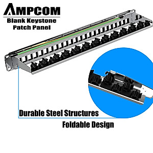 AMPCOM 24 Ports 1U Blank Keystone Patch Panel, 19 inch Rack or Wall Mount with Rear Cable Management Panel for Ethernet CAT5e/CAT6/CAT7, USB, HDMI
