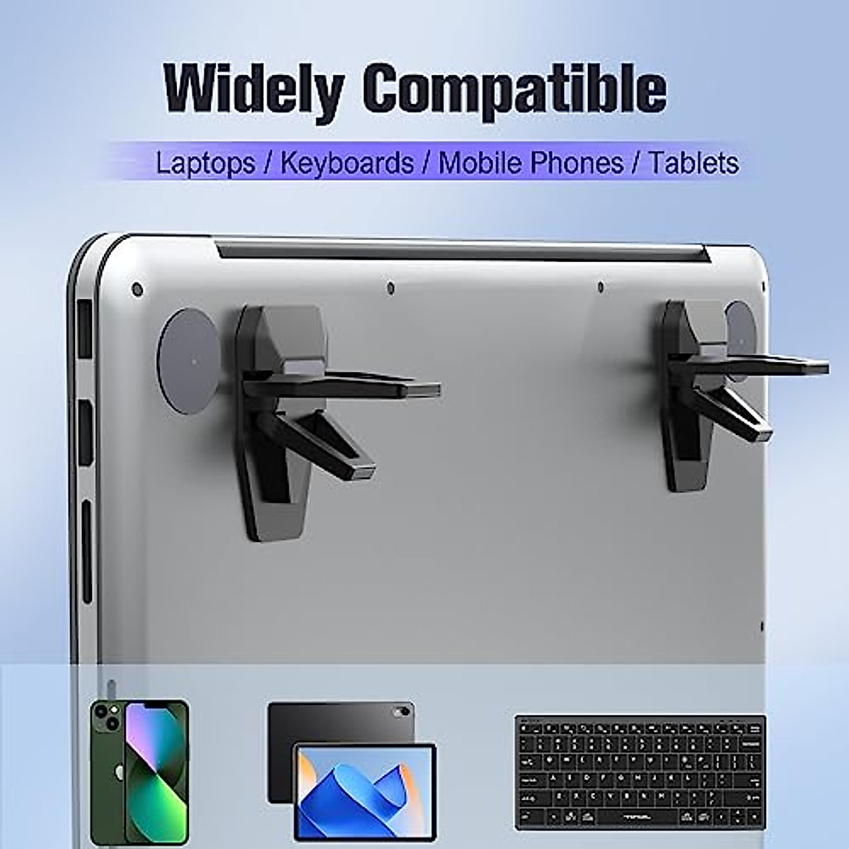 PONICOR Zinc Alloy Computer Keyboard Stand for Desk, Foldable Keyboard Riser with 2 Angle Adjustable, Self-Adhesive Invisible Laptop Stand for Desk, Mini Portable Keyboard Lift (2pcs, Black)