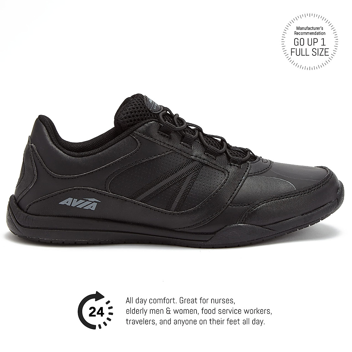 Avia Women's Avi-Focus Comfort Slip On Shoes for Work, Nursing, Restaurants, & Walking Food Service, Black/Metallic Iron Grey/Chrome Silver, 8