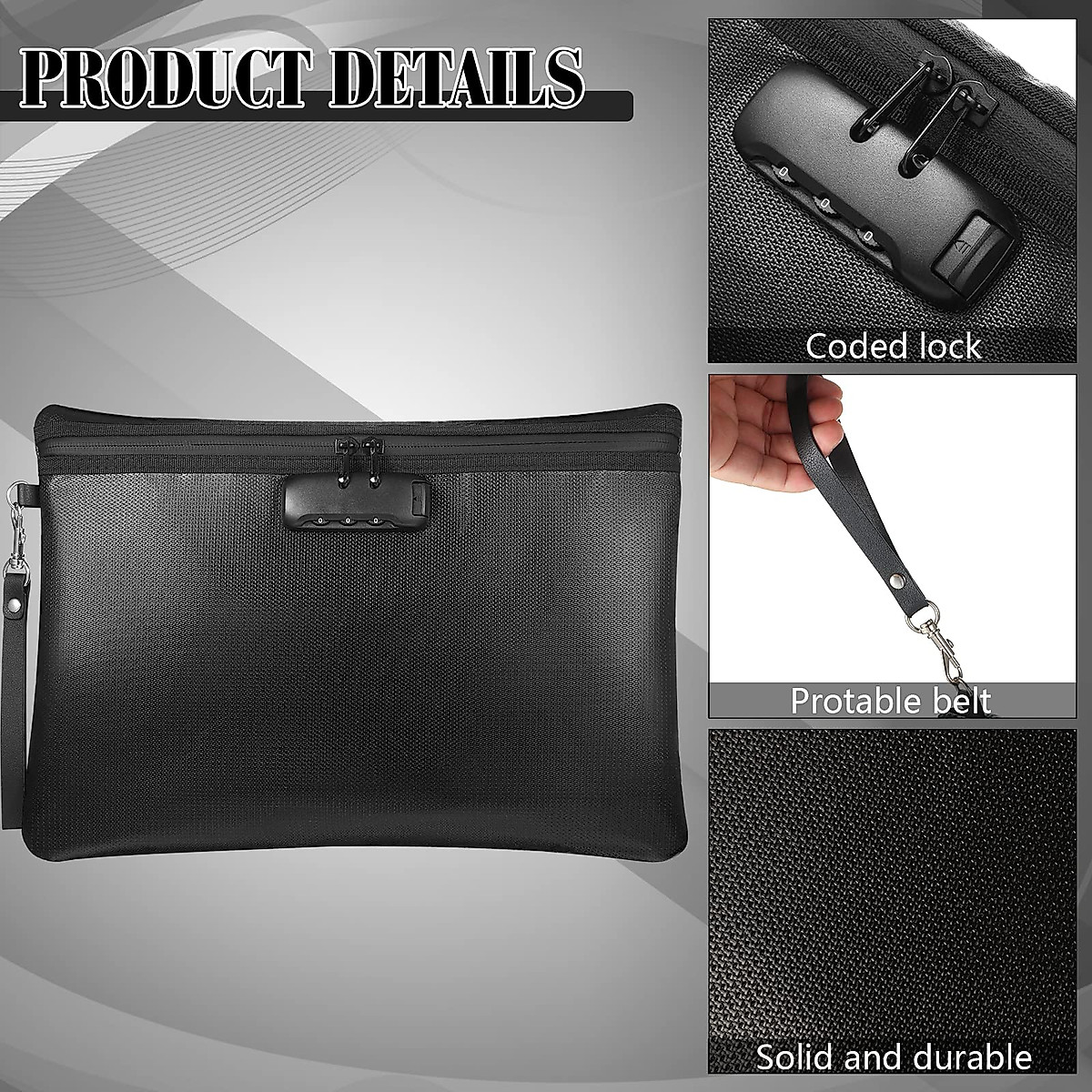 Nezyo Fireproof Safe Money Document Bag with Lock 2 Pcs Notary Journal Bag Waterproof Bag with Zipper for A4 Storage Pouch File Passport Tablet, 14 x 10 Inch and 6.7 x 10 Inch(Black, Horizontal)