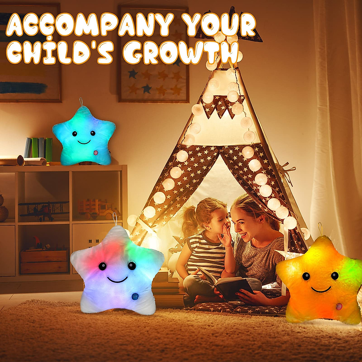 Unittype 3 Pack Star Pillows Lighted Star Plush Pillows 15.75 Inch Stuffed Cushion Decorative Throw Pillow Star Shaped Pillow Blue White Yellow Star Pillow for Birthday Gifts Bedroom Room Home Office