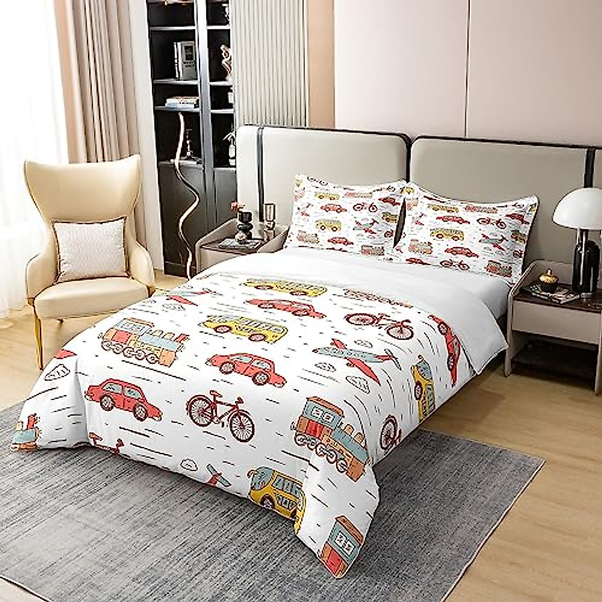 jejeloiu Cartoon Car Bedding Cotton Duvet Cover Set Kids Train Airplane Print Duvet Cover 100% Cotton King Size Boys Girls Decor Bus Bicycle Rider Comforter Cover Set Aircraft Red Bedspread Cover