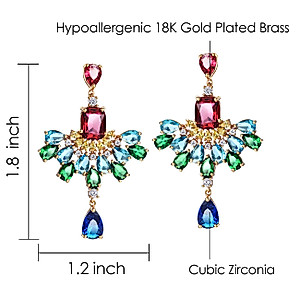 Cubic Zirconia Chandelier Earrings for Women Wedding Long Dangle Earrings Bridal Earrings 18K Gold Plated Multicolor CZ Stones for Party Prom