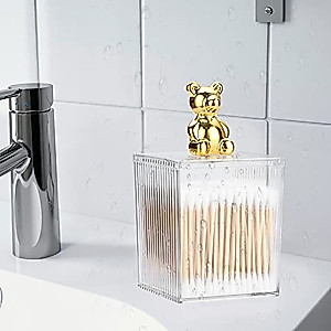 Hipiwe Bear Q-tip Holder Clear Acrylic Bathroom Canisters Jar Cotton Swab Organizer Plastic Apothecary Jar Bathroom Storage Dispenser for Cotton Swab Cotton Ball, Cotton Rounds Pads, Floss