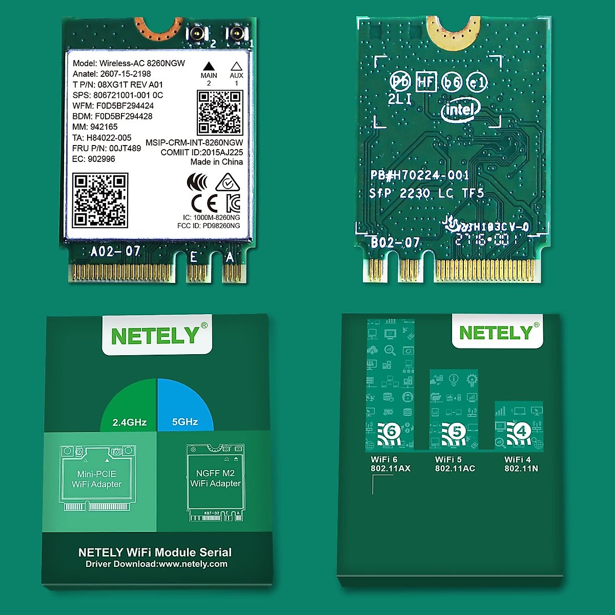 NETELY Wireless-AC 8260NGW NGFF M2 Interface 1200Mbps WiFi Adapter with Bluetooth 4.2, Intel Wireless-AC 8260NGW, Wireless-AC 2.4GHz 300Mbps & 5GHz 867Mbps WiFi Network Card (Wireless-AC 8260NGW)