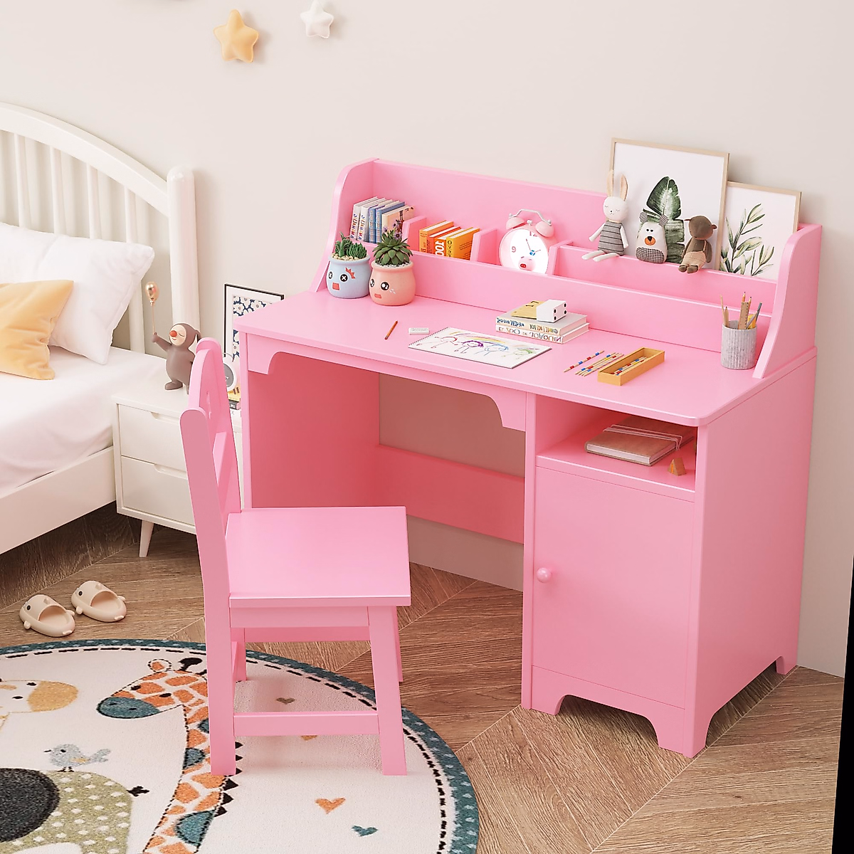 GarveeHome Kids Desk and Chair Set,Study Desk for Kids with Hutch, Storage Cabinet, Wooden Children Study Table, Student Writing Desk Computer Workstation for Kids Bedroom & Study Room,White