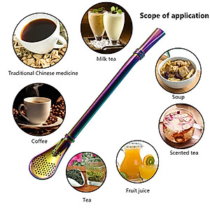 BangBoom 7 Pcs Stainless Steel Drinking Straws with Filter Spoon, Yerba Mate Bombilla, Reusable Stirring Spoon Set with 7 Pcs Cleaning Brush, for Coffee, Tea, Milk and Beverage, Soup (7 Colors)