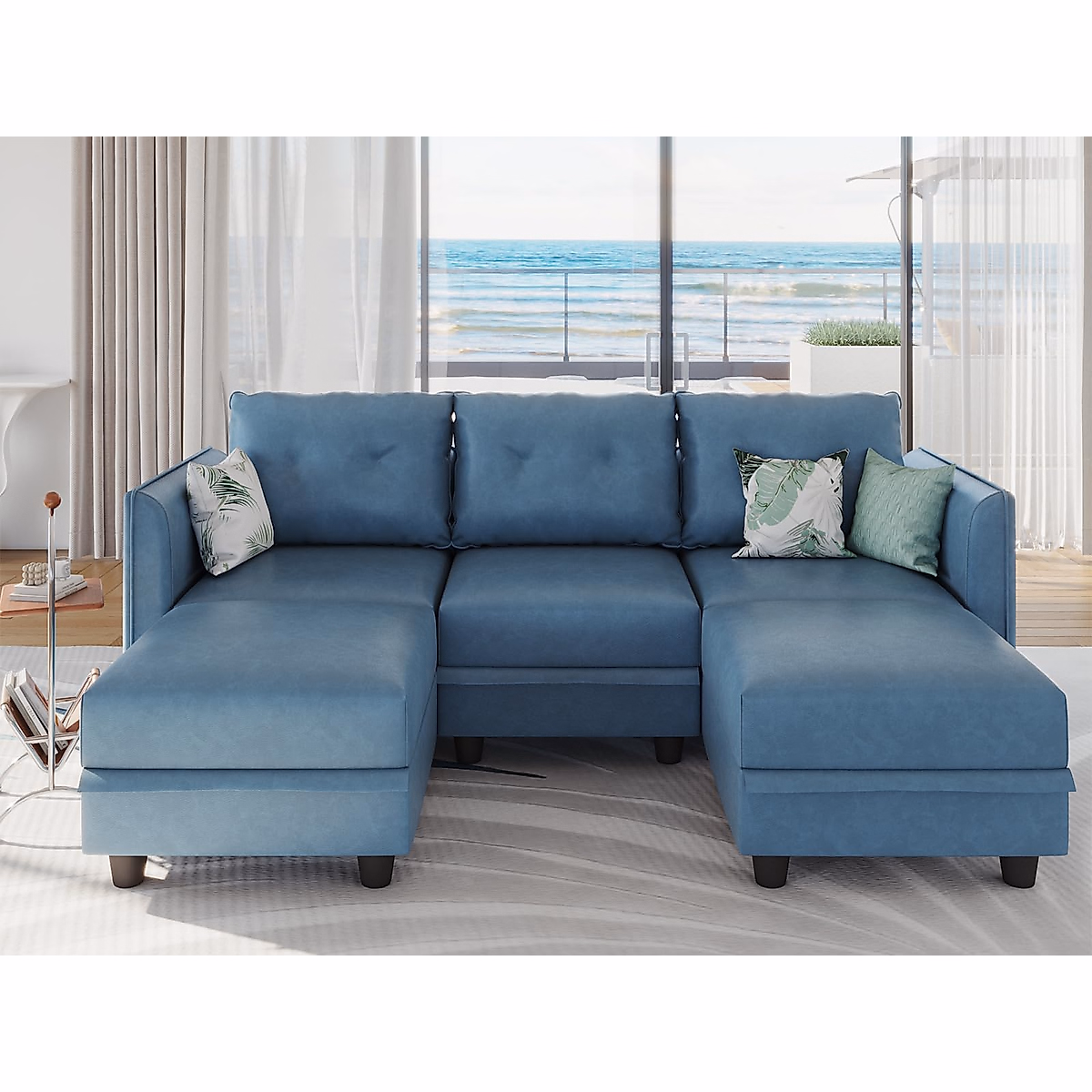 LLappuil Modular Sectional Sofa, Convertible U Shaped Couch with Storage, Faux Leather Fabric Waterproof Sectional Couch for Living Room, 86.2" Width, 5 Seat Modular Sofa, Navy Blue