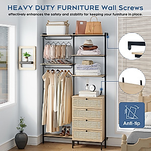 98.04 Inches Closet System, Large Wall Mount Wardrobe Cabinet Clothes Storage and Organizer Heavy-Duty Garment Rack Walk-in Clothes Rack with 8 Natural Rattan Drawers for Bedroom and Walk in Closets