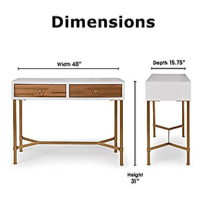Adore Decor Jupiter Console Table with 2 Drawers, Mid Century Modern Rectangular Small Space Accent Desk for Living Room, Entryway, Home Office, Metal Legs, Easy Assembly, White and Gold