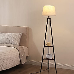 DEWENWILS Floor Lamp with Shelves, Industrial Farmhouse Tripod Standing Reading Lamp, Organizer Storage Shelf Floor Lamp for Living Room, Bedroom, Office, Fabric Linen Shade