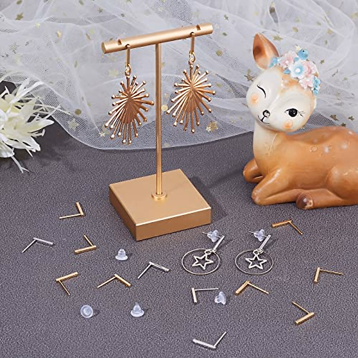 Beebeecraft 40Pcs 2 Colors Stud Earring with Loop 18K Gold & Platinum Plated Rectangle Earring Posts with Ear Nut for DIY Earrings Jewelry Making