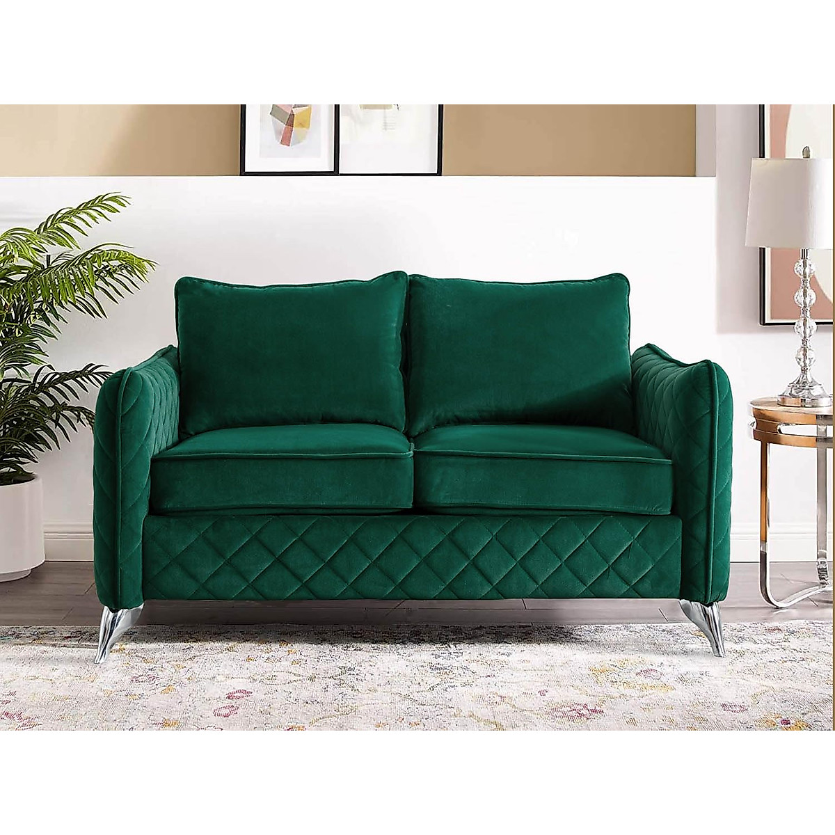 Altrobene Velvet Loveseat, Modern Sofa Chair Couch for Two People, Soft Upholstered, Silver Tone Metal Legs, Christmas Green