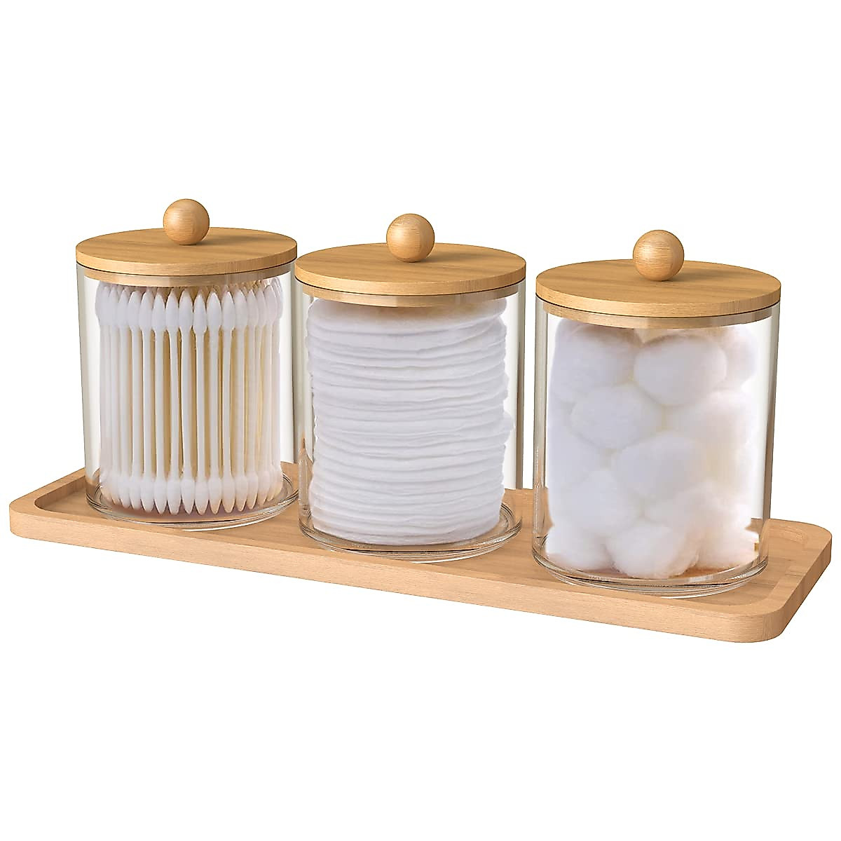 3Pcs Qtip Holder Dispenser, Apothecary Jars with Bamboo Lids, Clear Acrylic Bathroom Jars with Tray, Cotton Swab Storage Dispenser, Reusable Bathroom Canisters, Cotton Swab Holder Dispenser for Makeup