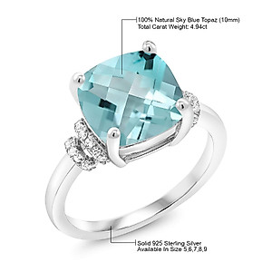 Gem Stone King 925 Sterling Silver Sky Blue Topaz Ring For Women (4.94 Cttw, Cushion Checkerboard 10MM, Gemstone Birthstone, Available in size 5, 6, 7, 8, 9)