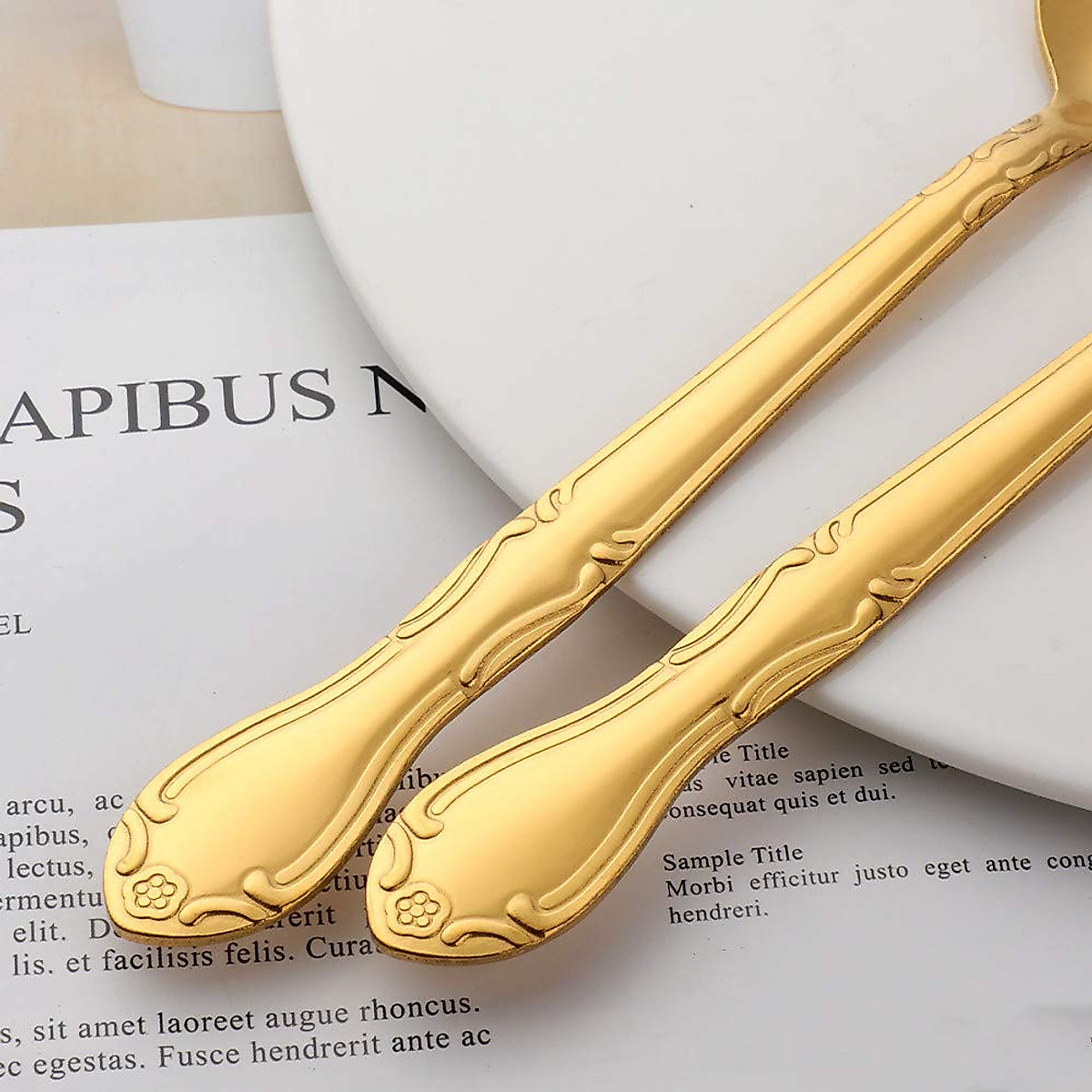 QIBOORUN 12-Piece Stainless Steel Dinner Spoons with Flower Edge, Stainless Steel Dinner Spoons Set, Table Spoon Dessert Spoons for Home, Kitchen or Restaurant - 7.3 Inches-Gold