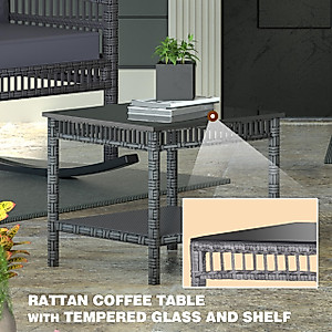 Yardenaler 3 Pieces Outdoor Rattan Rocking Bistro Set with Cushions, Patio Wicker Furniture Set with Rocker Chair & Glass Coffee Table, Conversation Set for Porch, Balcony, Backyard, Grey