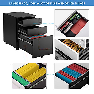 ModernLuxe 3 Drawer Metal Mobile File Cabinet with Lock Metal Filing Cabinet for Legal/Letter/A4/F4 Size Fully Assembled Home Office File Cabinet(Except Casters)