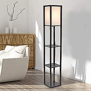Catalina Lighting 17559-011 Modern Faux Wood Floor Lamp with Shelves and Ivory Linen Shade, 63", Classic Black