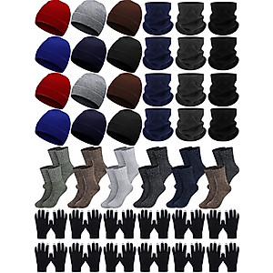 48 Pack Winter Warm Beanie Hat Neck Warmer Set for Men Women Knitted Hat with Winter Touchscreen Gloves Neck Gaiter Warm Sock for Winter Wearing Homeless Care Charity Donation Multicolor