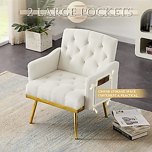 Antetek Upholstered Velvet Accent Chair, Modern Armchair Single Sofa Arm Chair with Golden Metal Legs, Tufted Lounge Reading Chair for Living Room, Bedroom, Office, Light Beige