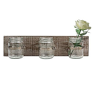 Stonebriar Rustic Industrial White Wash Wood Hanging Wall Decor with 3 Glass Jar Containers, Clear