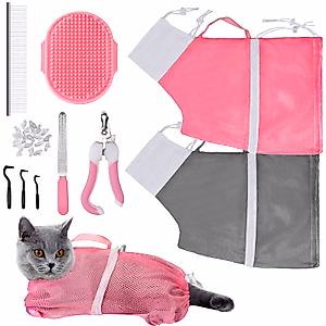 JULMELON Cat Washing Bag 10 PCS Set, Adjustable Cat Shower Net Bag and Pet Grooming Brush with Nail Clipper Nail File Hair Combs Tick Tool Nail Caps for Bathing Nail Trimming Examination(Pink+Grey)