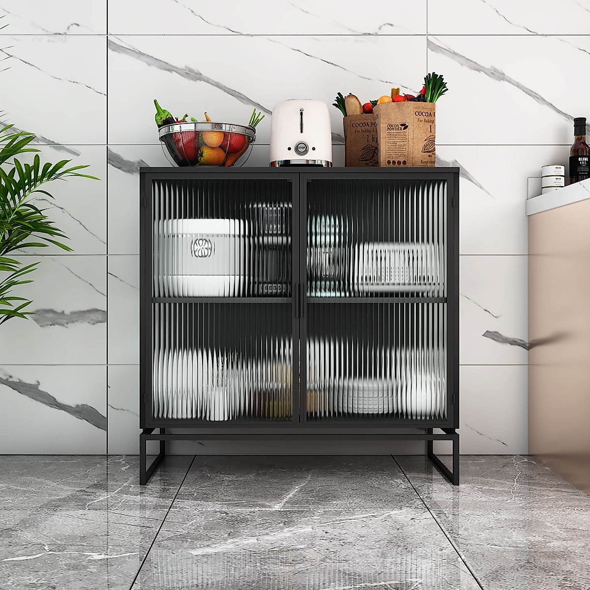 QEIUZON Modern Sideboard Buffet Cabinet, Glass Accent Storage Cabinet Kitchen Console Table TV Stand for Living Room, Dining Room, Bedroom (Black-2 Packs)