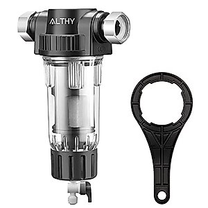 ALTHY Spin Down Sediment Filter, Reusable Whole House Sediment Water Filter, Flushable Prefilter Pre-Filtration System, 3/4" + 1/2", 40-Micron Stainless Steel Mesh, Traps Rust, Dust, Sand