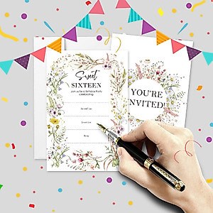 AEHIE 16th Birthday Garden Wildflowers Invitation Cards with Envelopes, 20 Count, Multicolor