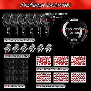 Valentines Day Red LED Balloons, 6 Pack 20in Lighted Up Balloons I love You BoBo Bubble Transparent Helium Balloons with 10ft Red String Lights for Dating Wedding Anniversary Decorations