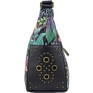 Anuschka Women's Hand-Painted Genuine Leather Classic Hobo With Studded Side Pockets - Jungle Queen